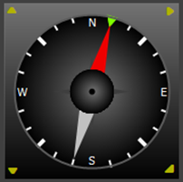 A black compass with red and green arrowsDescription automatically generated